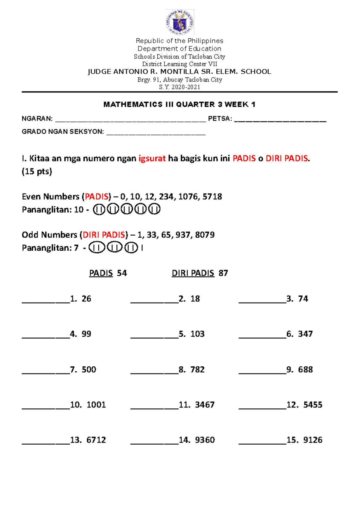 MATHEMATICS ACTIVITY SHEET FOR GRADE THREE LEARNERS - Republic of the ...