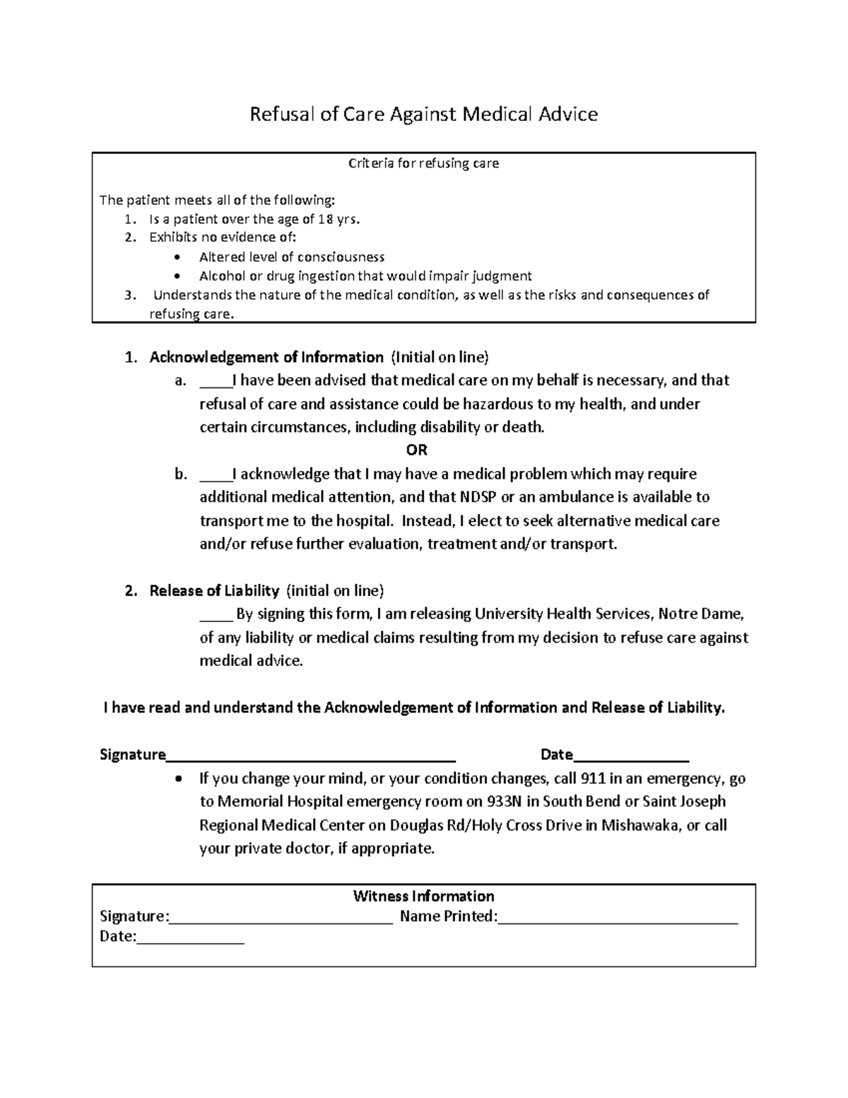 Refusal of care against medical advice form - Refusal of Care Against ...