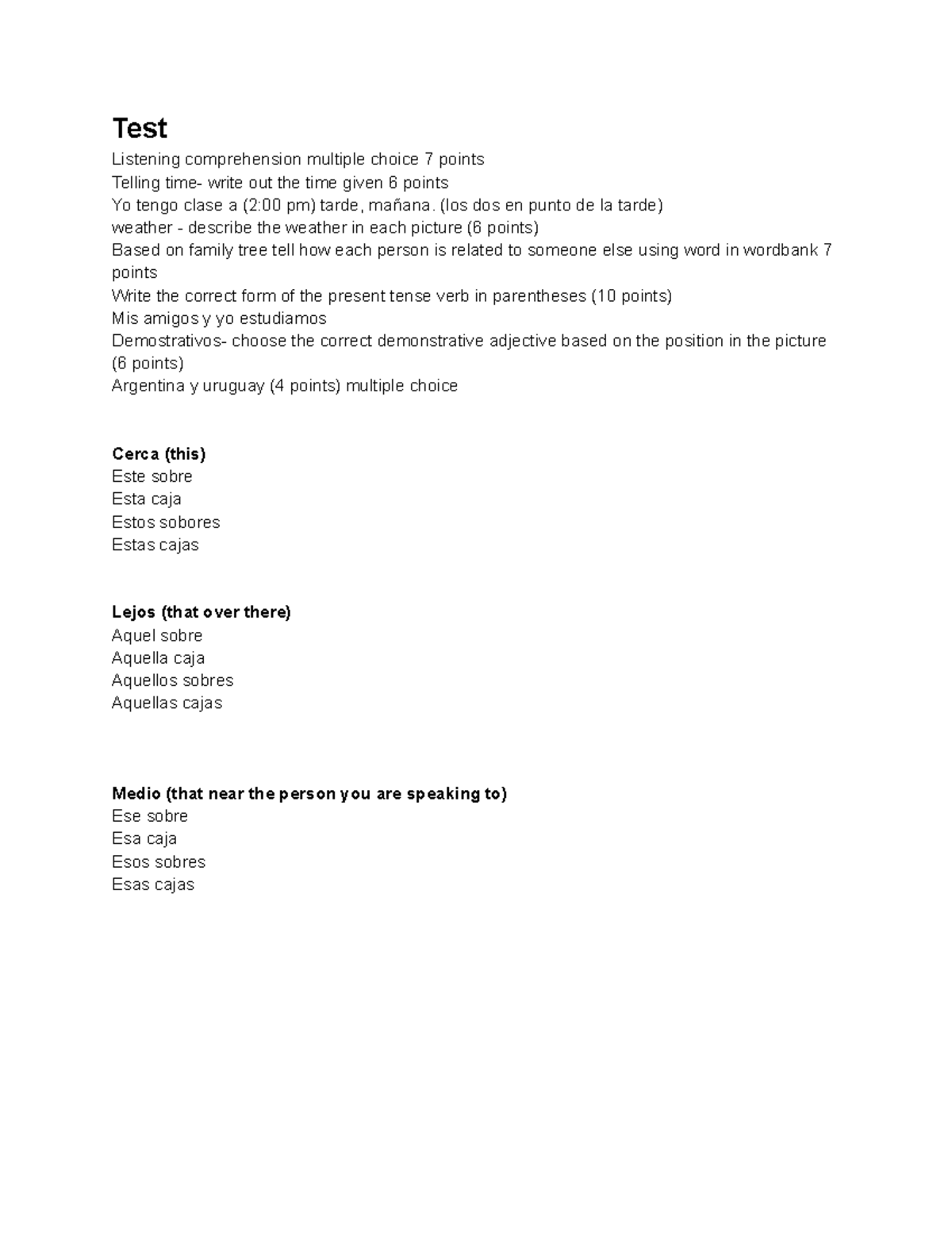 Spanish 10 25 - Test Listening comprehension multiple choice 7 points ...