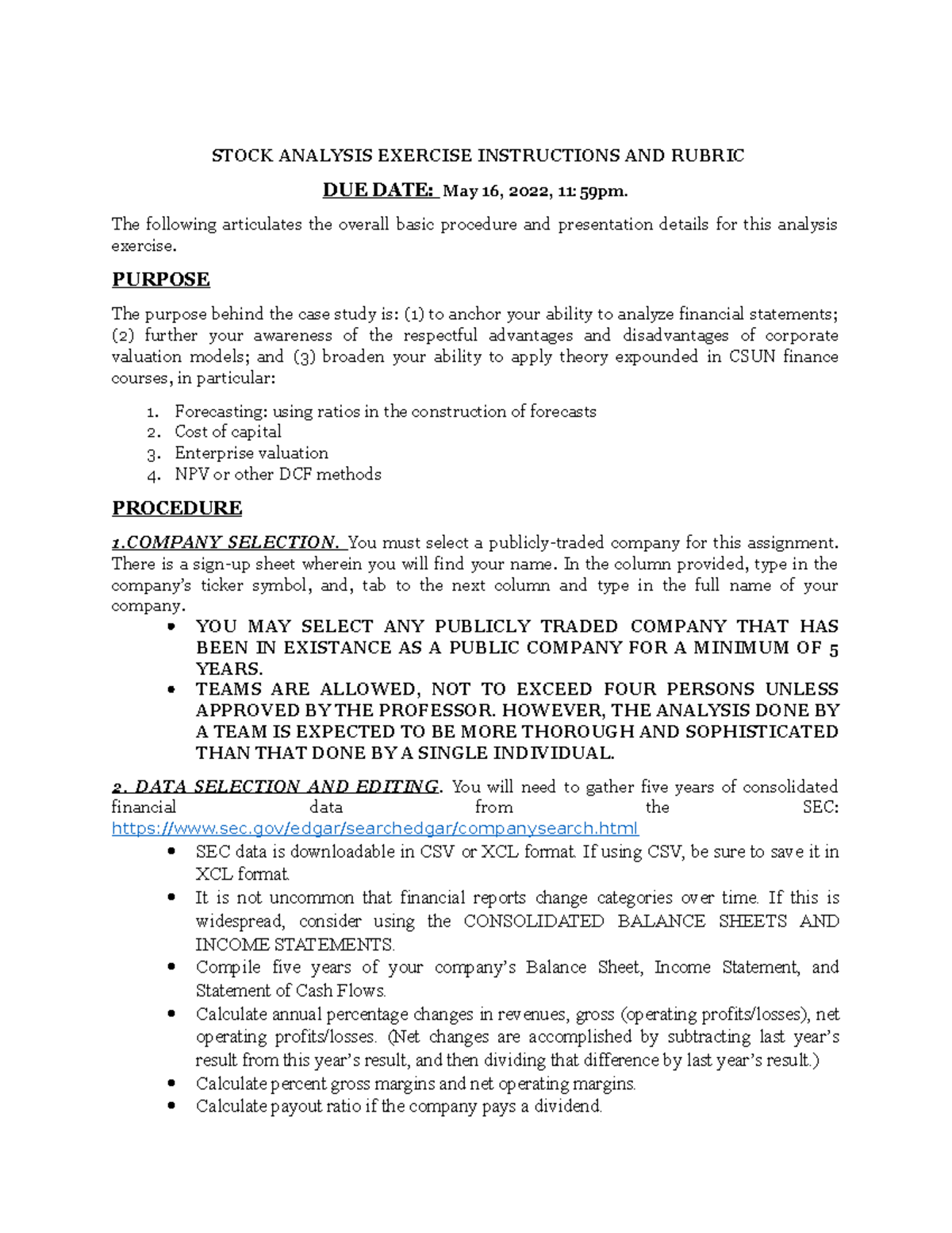 FIRM Valuation 9 - need help - STOCK ANALYSIS EXERCISE INSTRUCTIONS AND ...