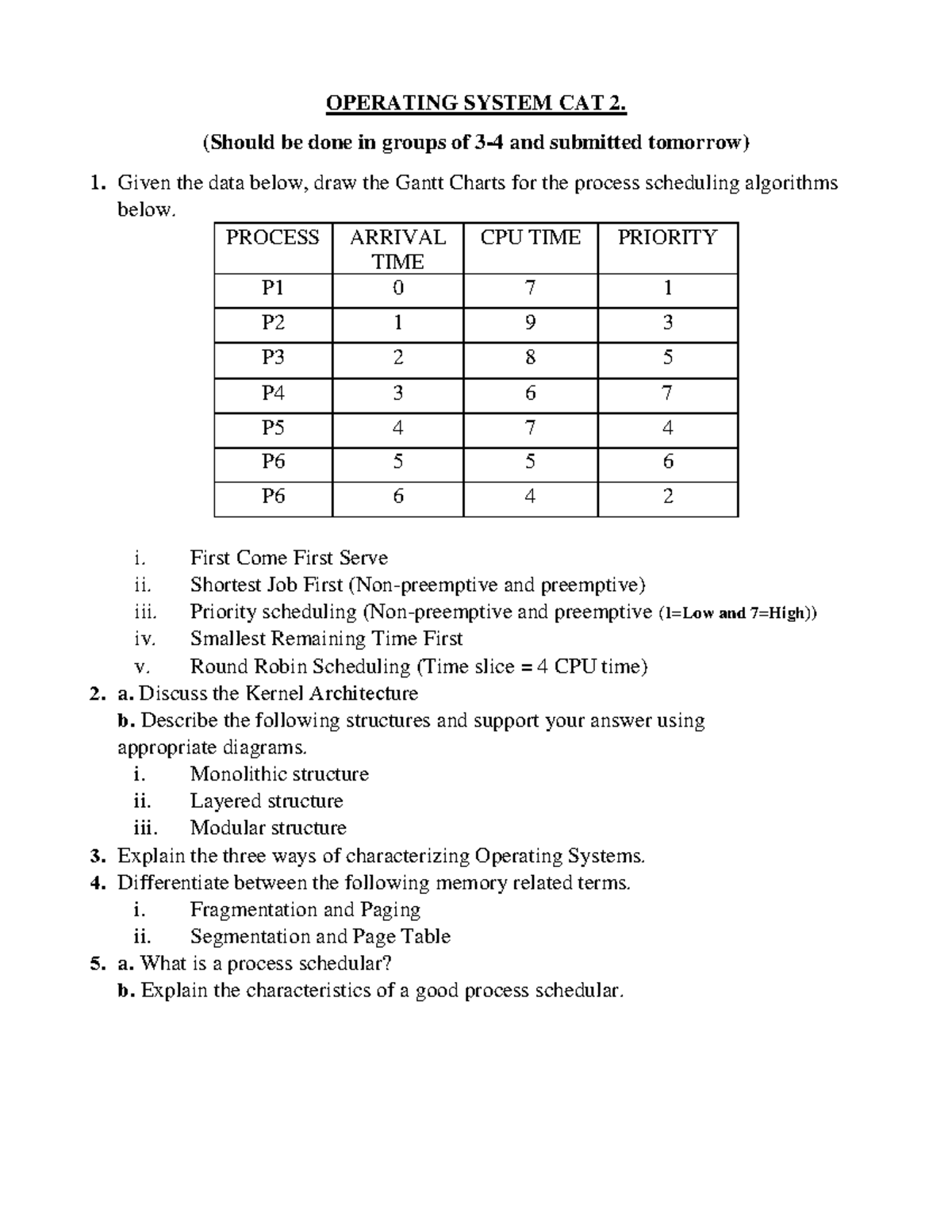 Operating System Cat 2 Operating System Cat 2 Should Be Done In Groups Of 3 4 And Submitted 