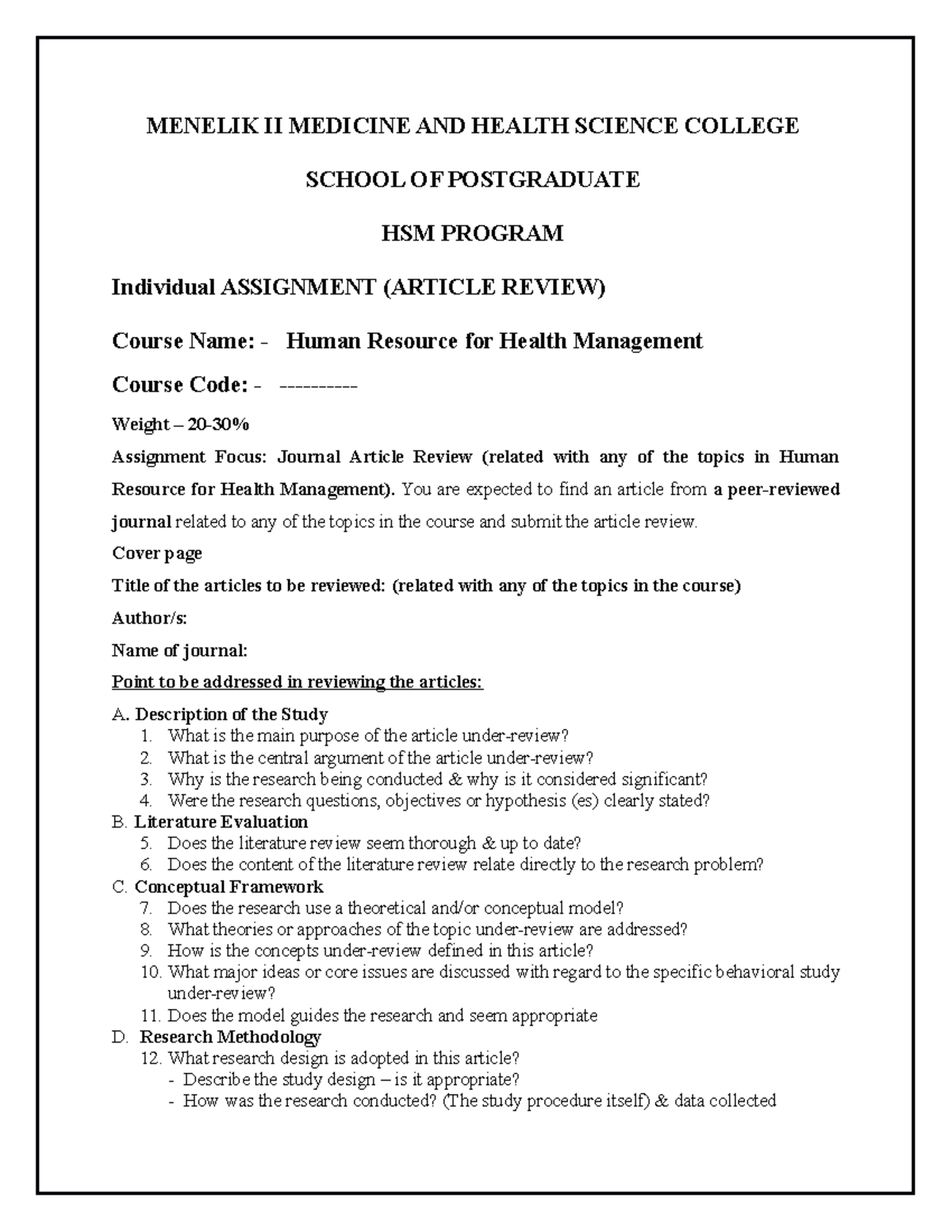 Individual assignment - MENELIK II MEDICINE AND HEALTH SCIENCE COLLEGE ...