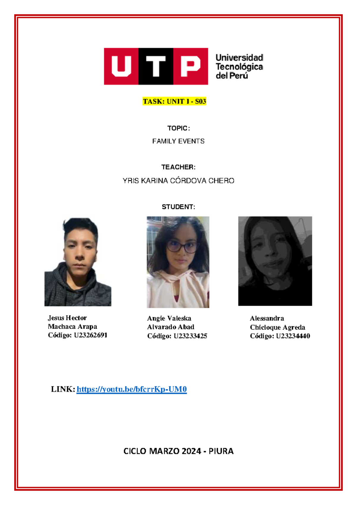 TASK 3 C3 - TASK: UNIT I - S0 3 TOPIC: FAMILY EVENTS TEACHER: YRIS ...