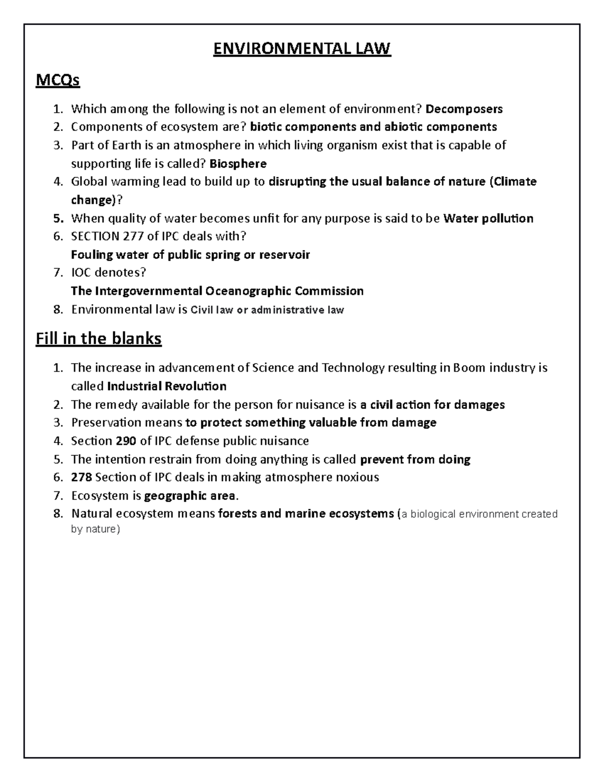 Enironmental Quetions and Answers - ENVIRONMENTAL LAW MCQs 1. Which ...