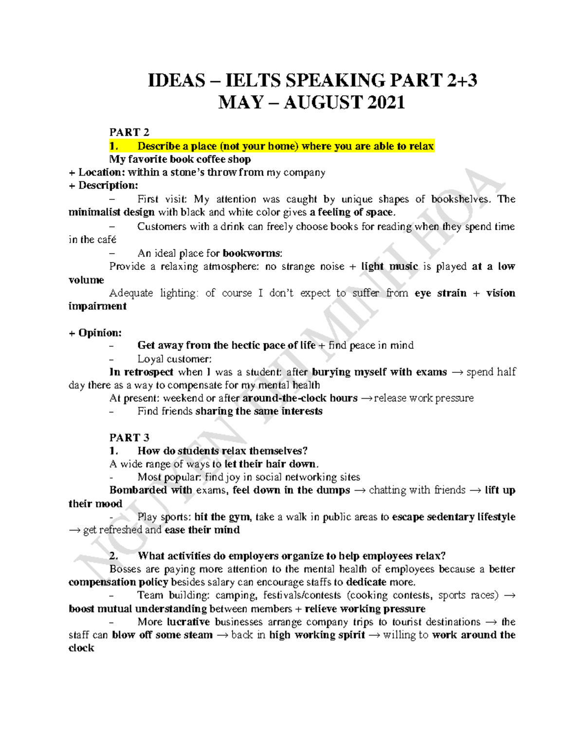 Ideas - Ielts Speaking MAY- August 2021 (PART 2 3) - IDEAS – IELTS ...