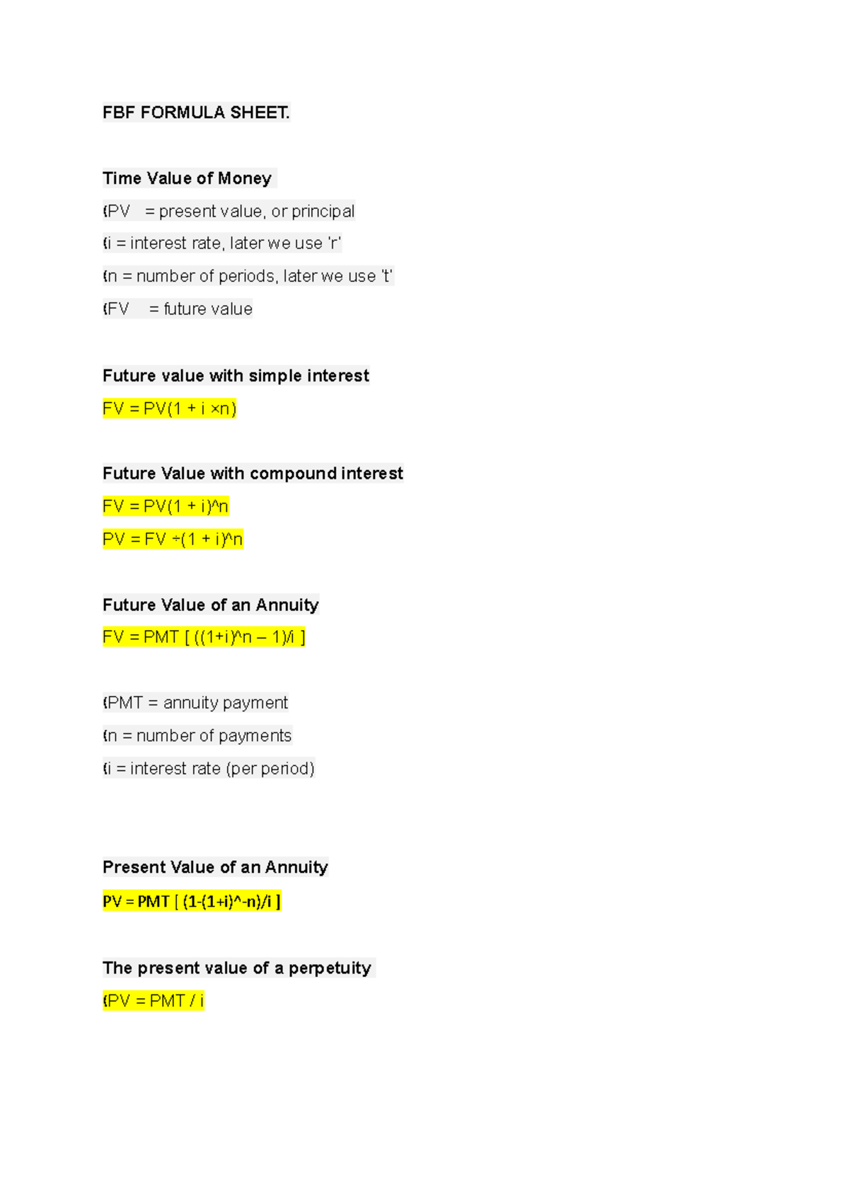 FBF- Formula- Sheet - 025300 - Studocu