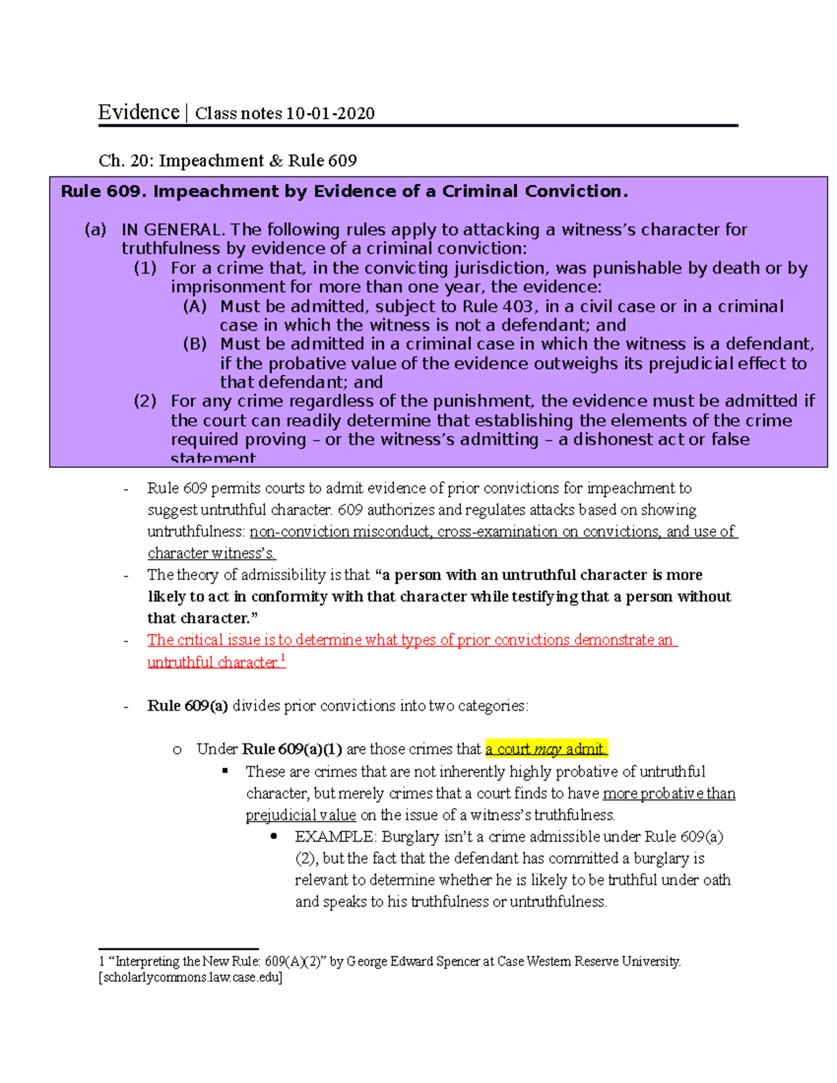 10-01 Evidence notes - Evidence | Class notes 10-01- Ch. 20 ...