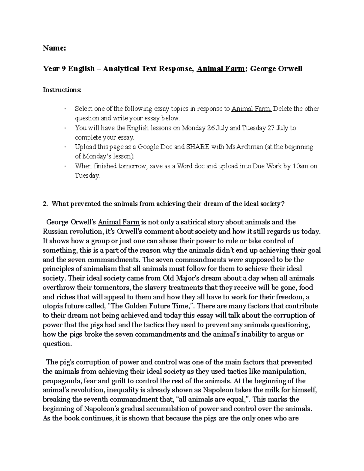 Animal farm essay - Name: Year 9 English – Analytical Text Response ...