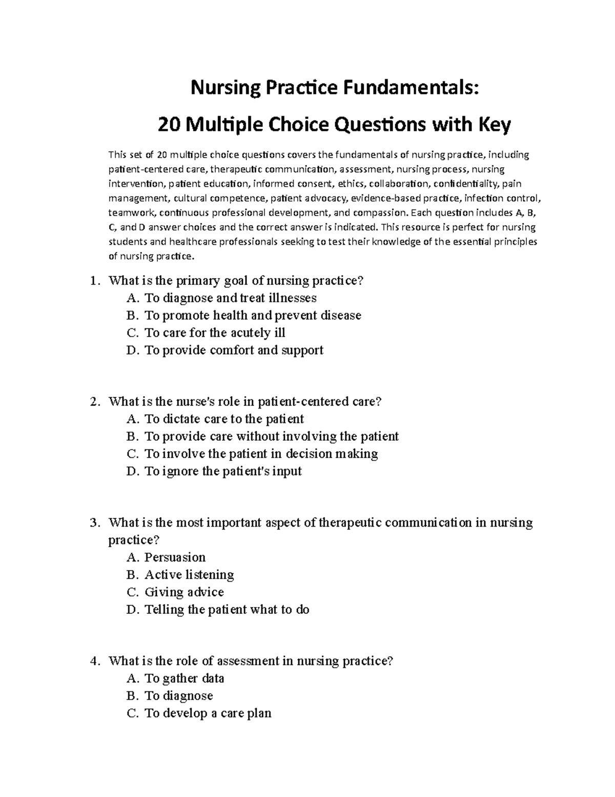 Nursing Practice Fundamentals Correct Answers and Keywords - Nursing ...