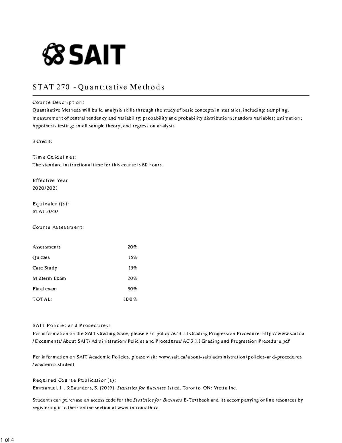 Course Outline - STAT 2 70 - Q u a n t it a t ive M e t h o d s Co u r ...