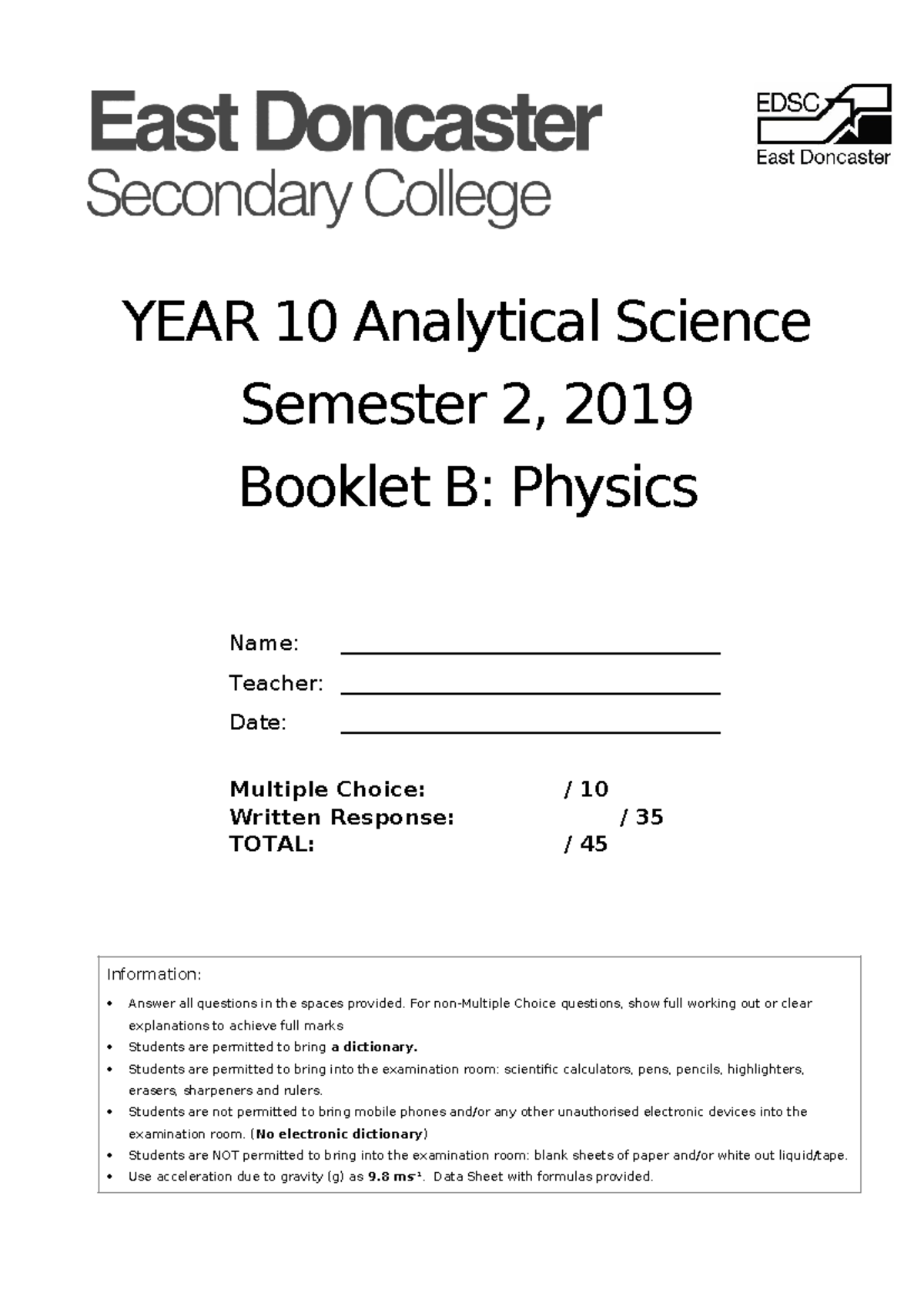 Year 10 Physics Exam - Semester 2, 2019 - Information: Answer all ...