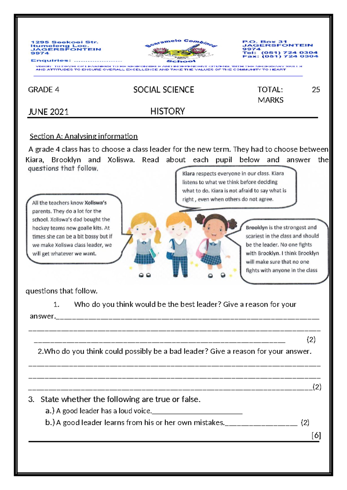 Gr 4 History June 2019 - test - GRADE 4 SOCIAL SCIENCE TOTAL: 25 MARKS ...
