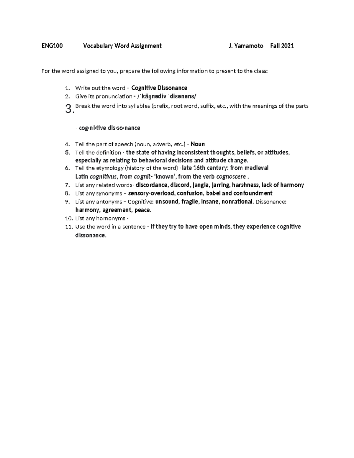 Vocabulary assignment - ENG100 Vocabulary Word Assignment J. Yamamoto ...