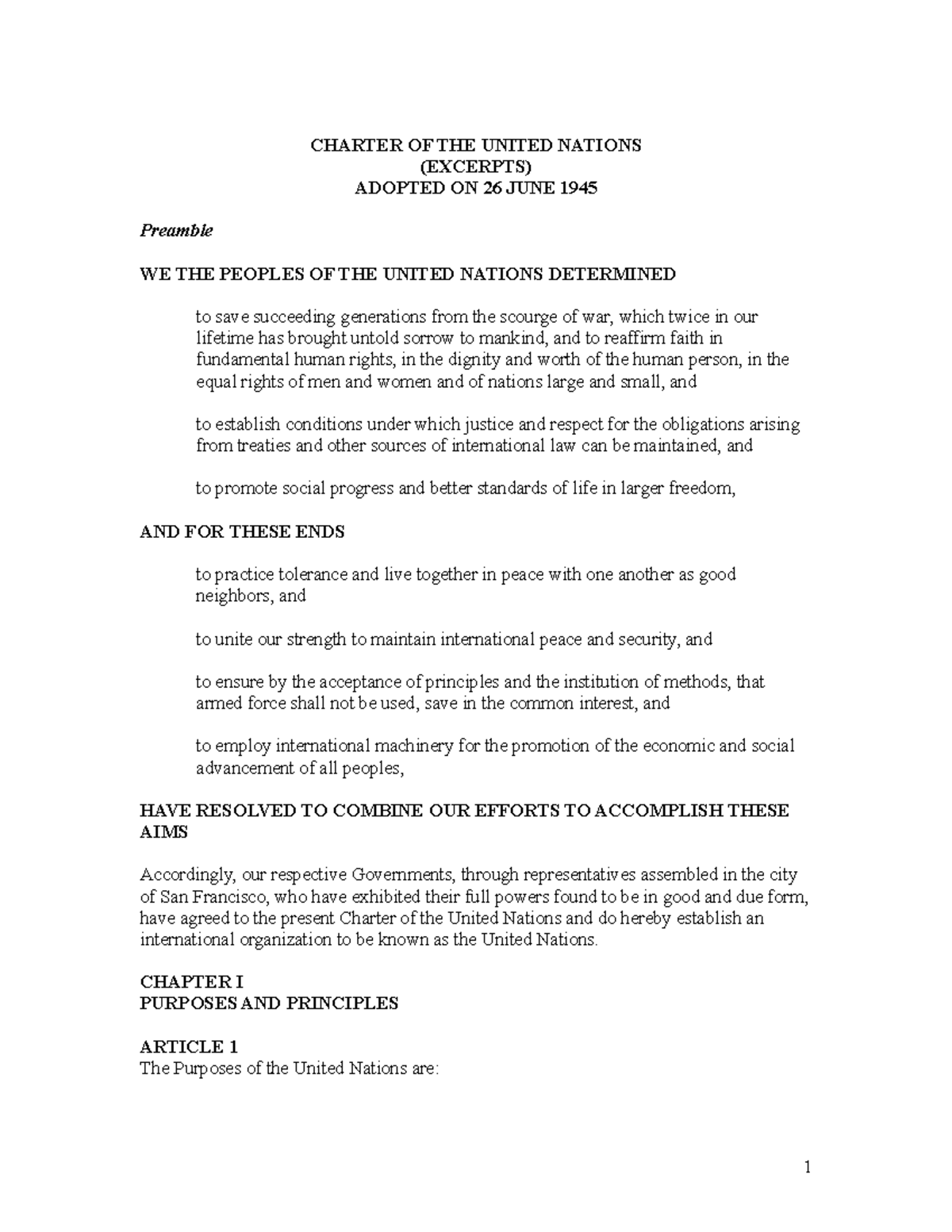 Charter OF THE United Nations - CHARTER OF THE UNITED NATIONS (EXCERPTS ...