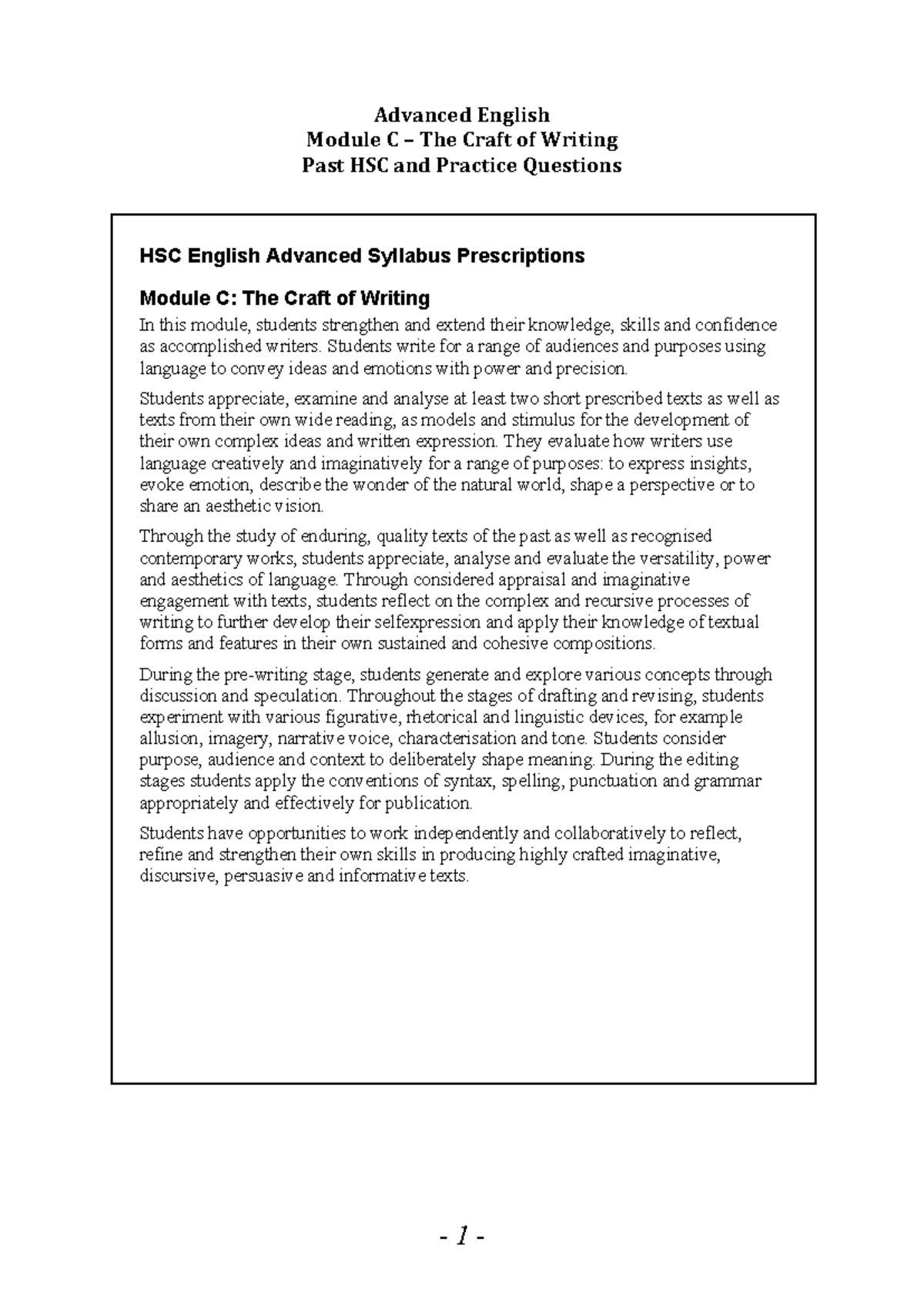 Mod C past questions 2019 - 2023 - Advanced English Module C – The ...