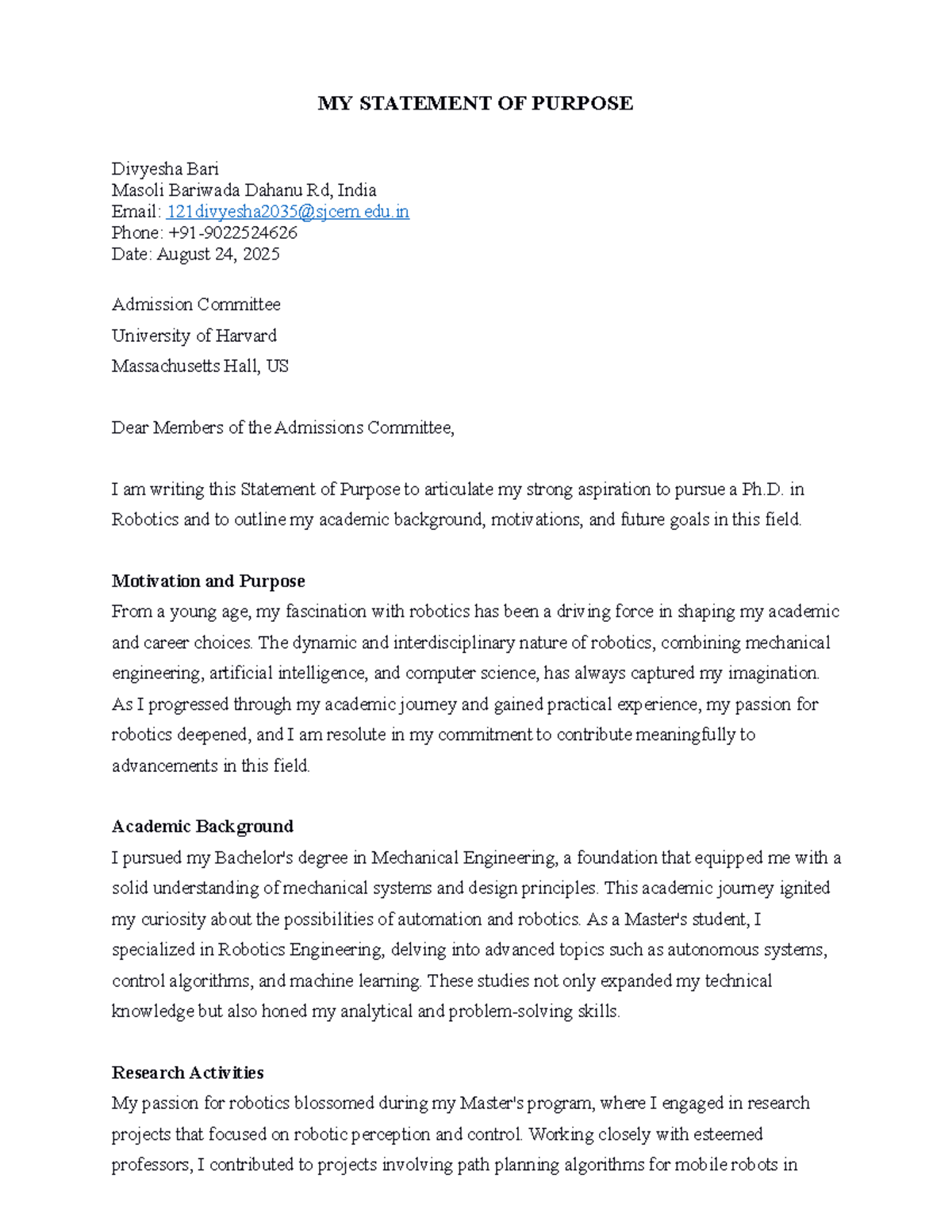 Statement of purpose example 04 - MY STATEMENT OF PURPOSE Divyesha Bari ...