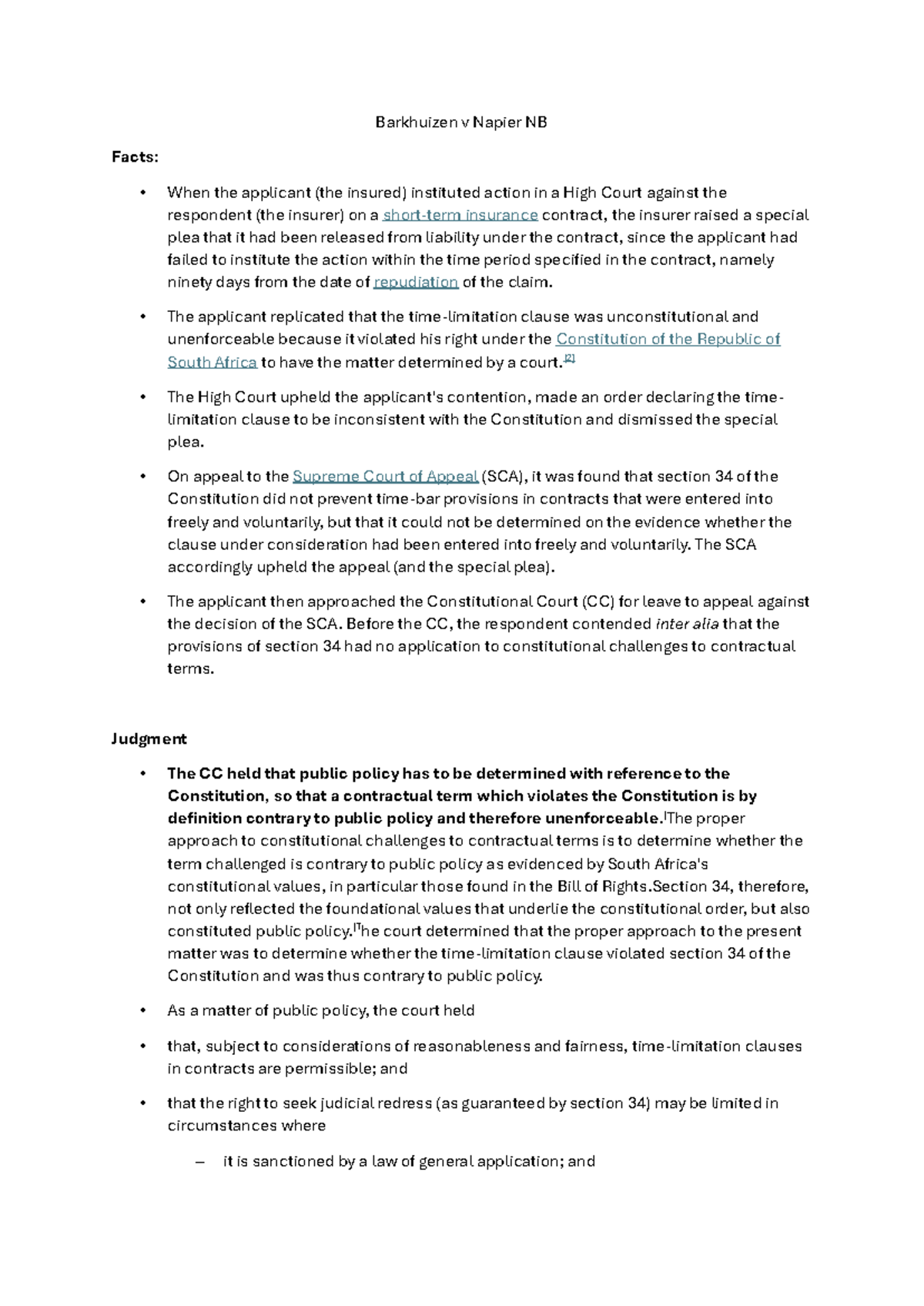 Barkhuizen v Napier NB case summary - Barkhuizen v Napier NB Facts ...