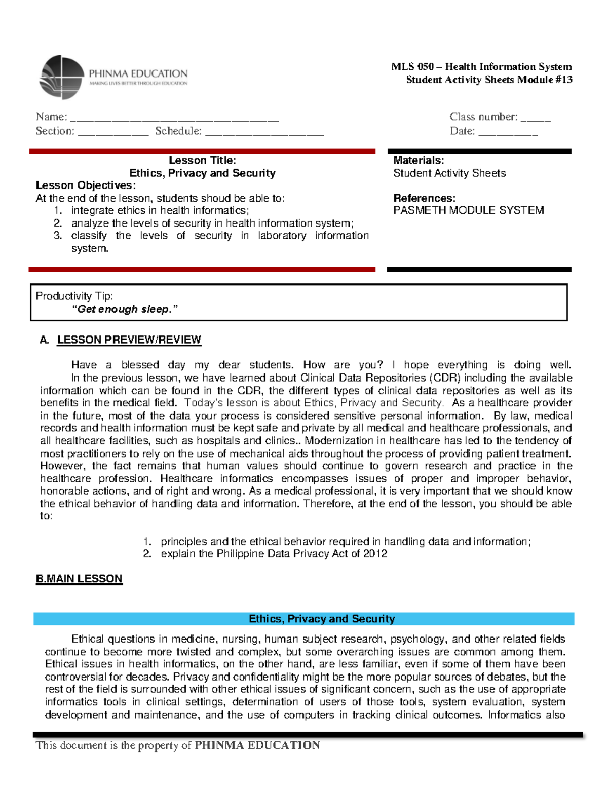 SAS#13-MLS050 - MLS 050 - Student Activity Sheets Module # Name ...