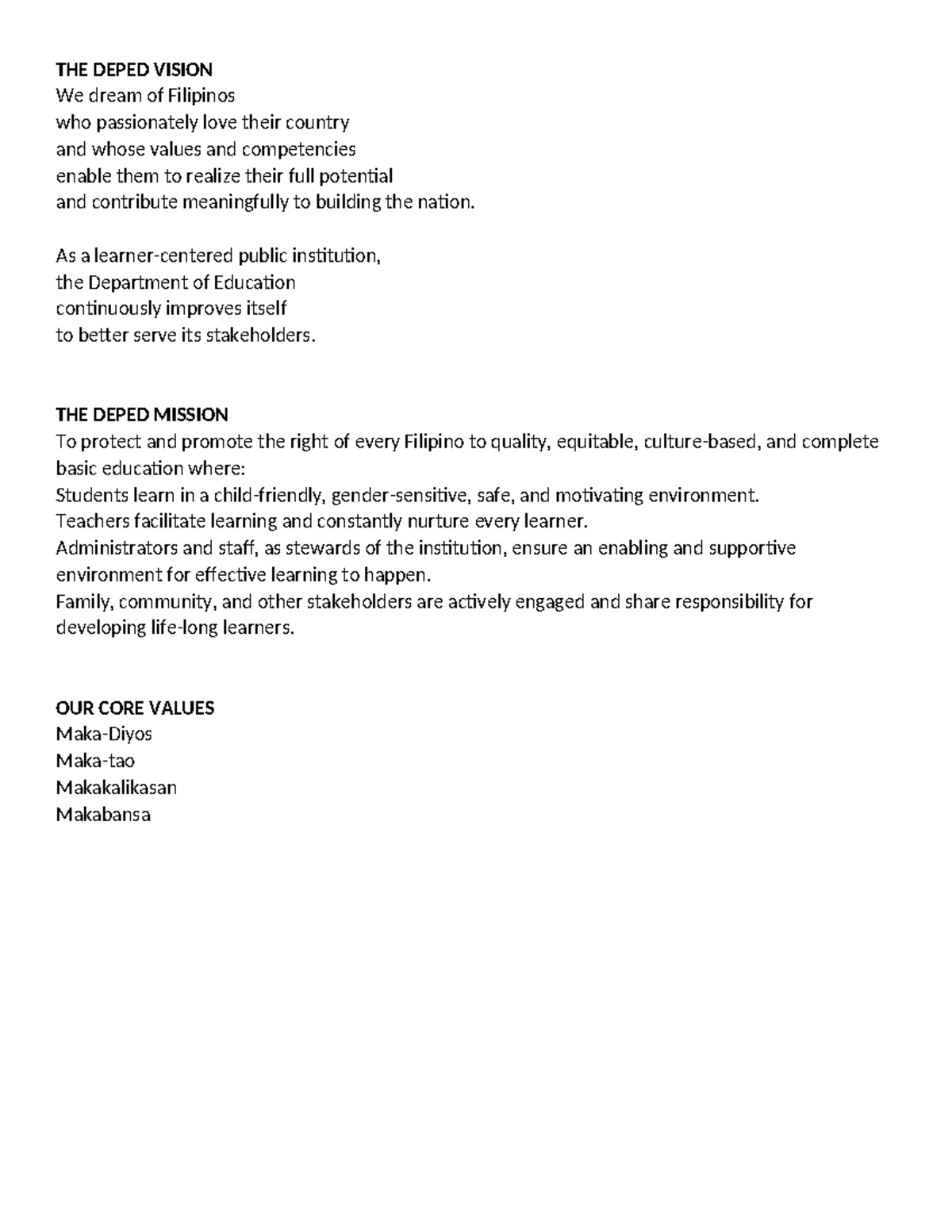 Depedmissionvision-CORE- Values - THE DEPED VISION We dream of ...