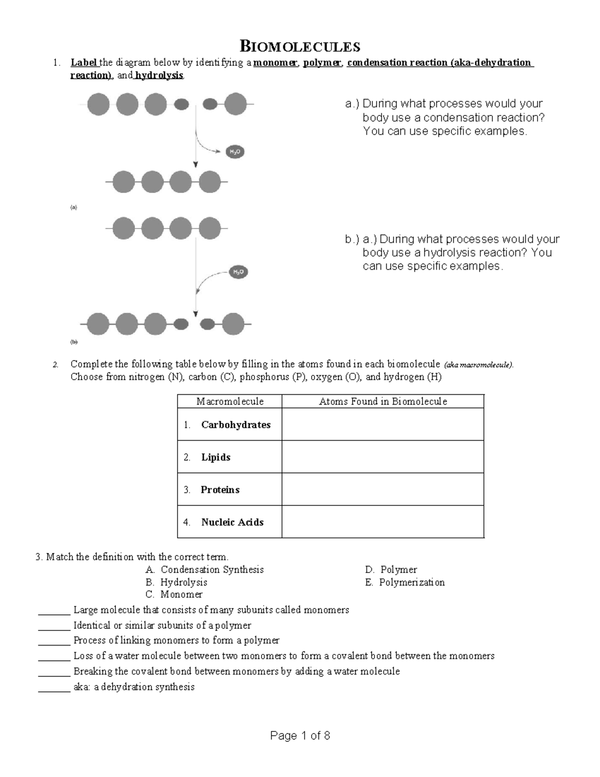 2014 Biomolecule worksheet - BIOMOLECULES 1. Label the diagram below by ...