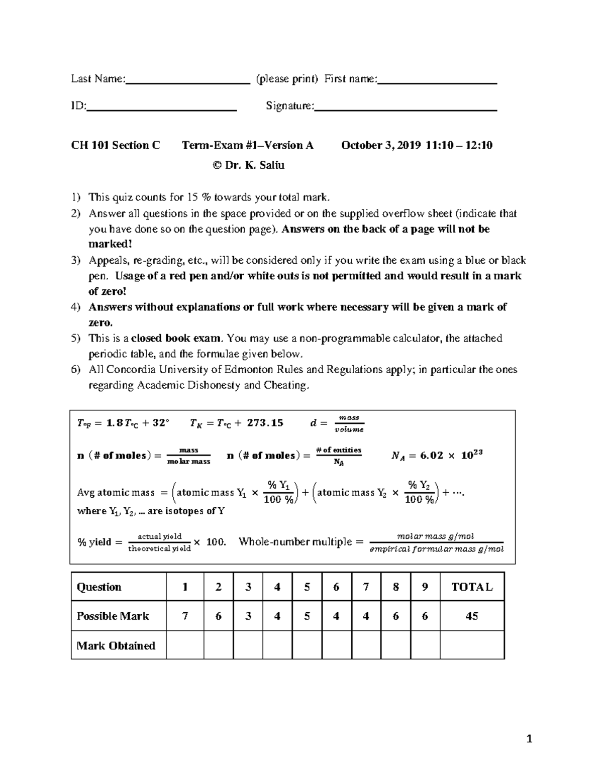 CH 101 Term-Exam #1 Practice exam - Last Name: (please print) First ...