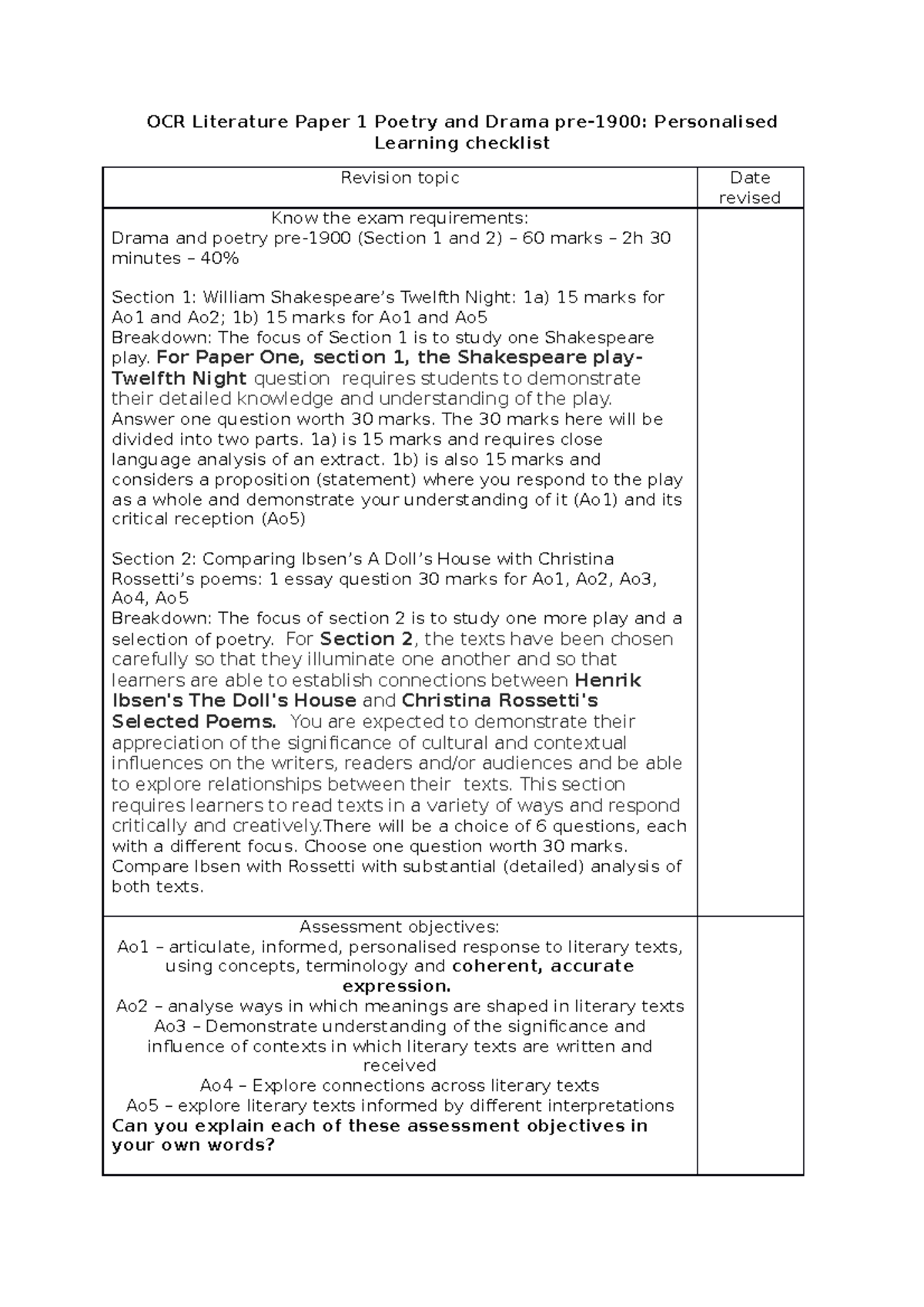 OCR Literature Paper 1 Poetry And Drama Pre 1900 Personalised Learning