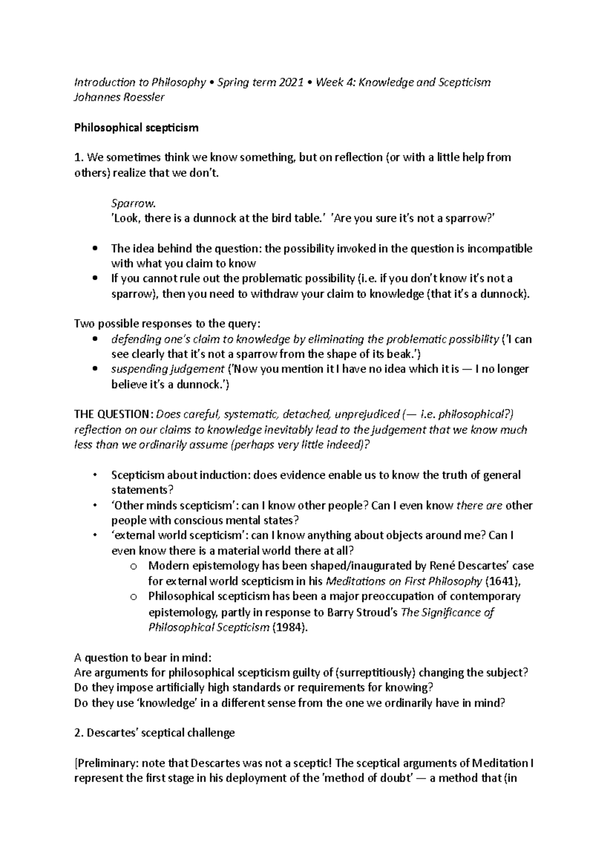 Intro to Phil handout week 4 - Introduction to Philosophy • Spring term ...