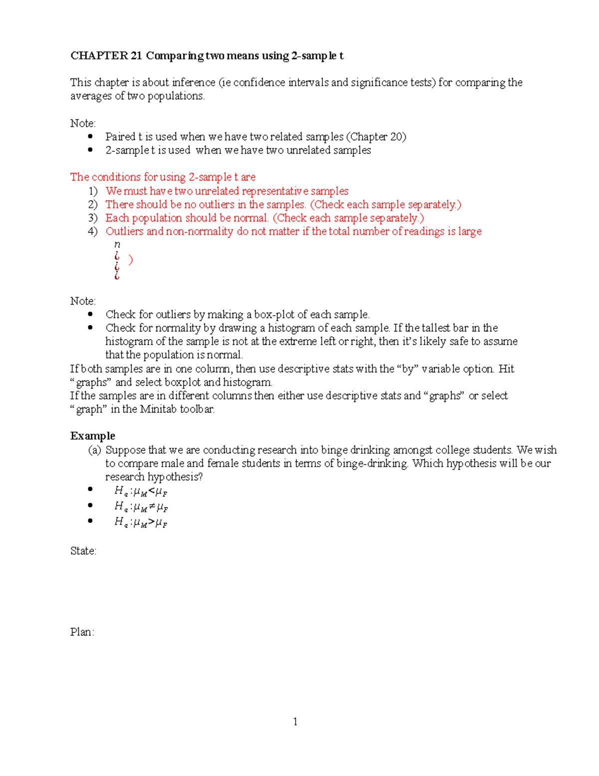 Stat 104 Chapter 21 Notes Chapter 21 Comparing Two Means Using 2 Sample T This Chapter Is