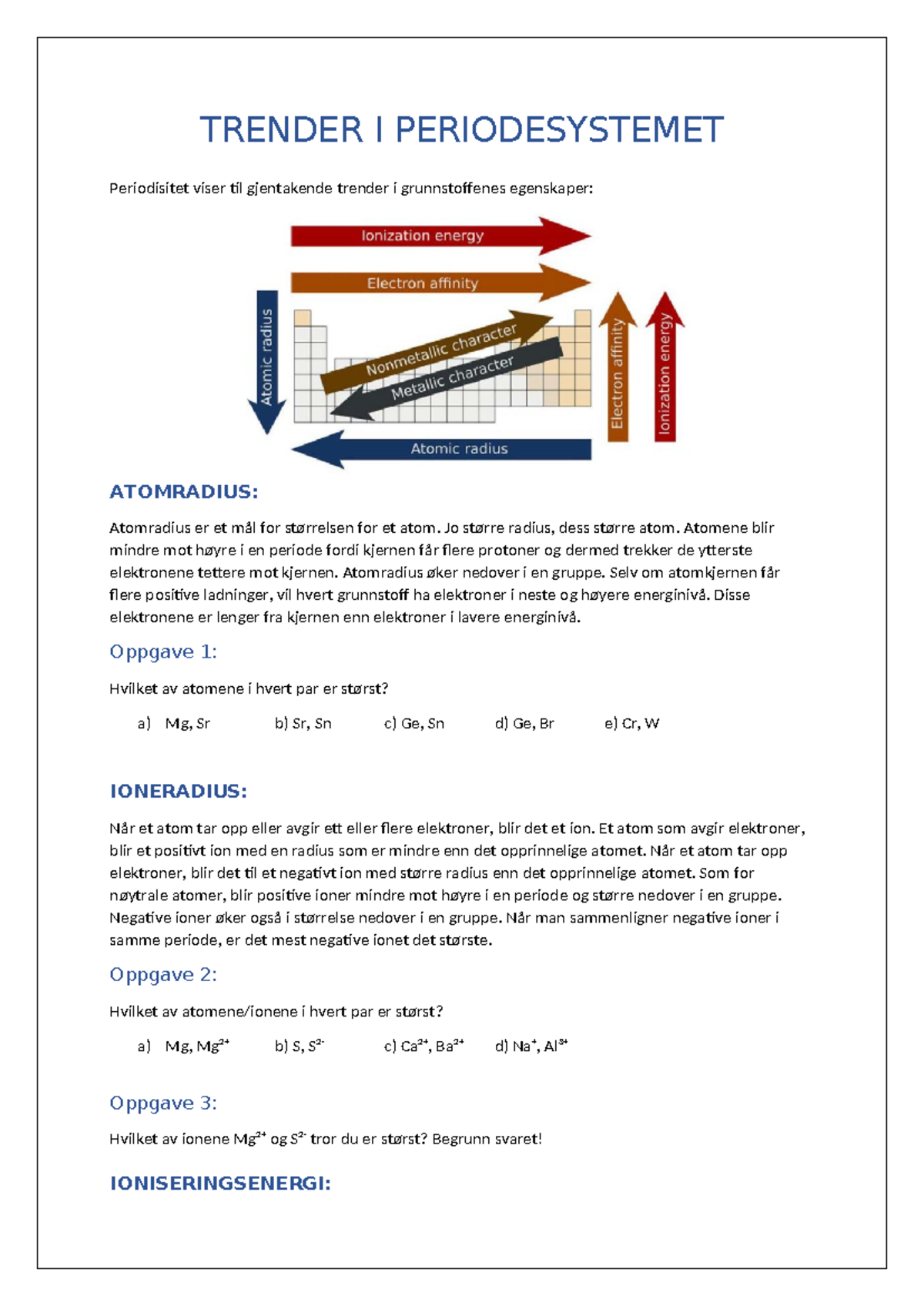 Trender I Periodesystemet red - TRENDER I PERIODESYSTEMET Periodisitet viser til gjentakende ...