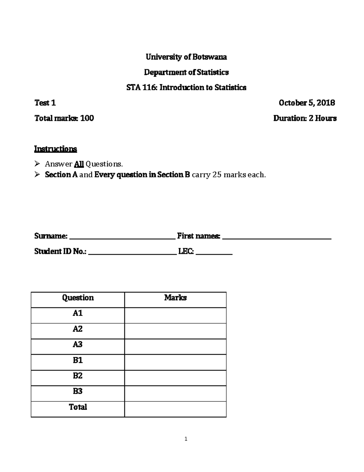 STA 116 Test 1 October 2018 - University of Botswana Department of ...