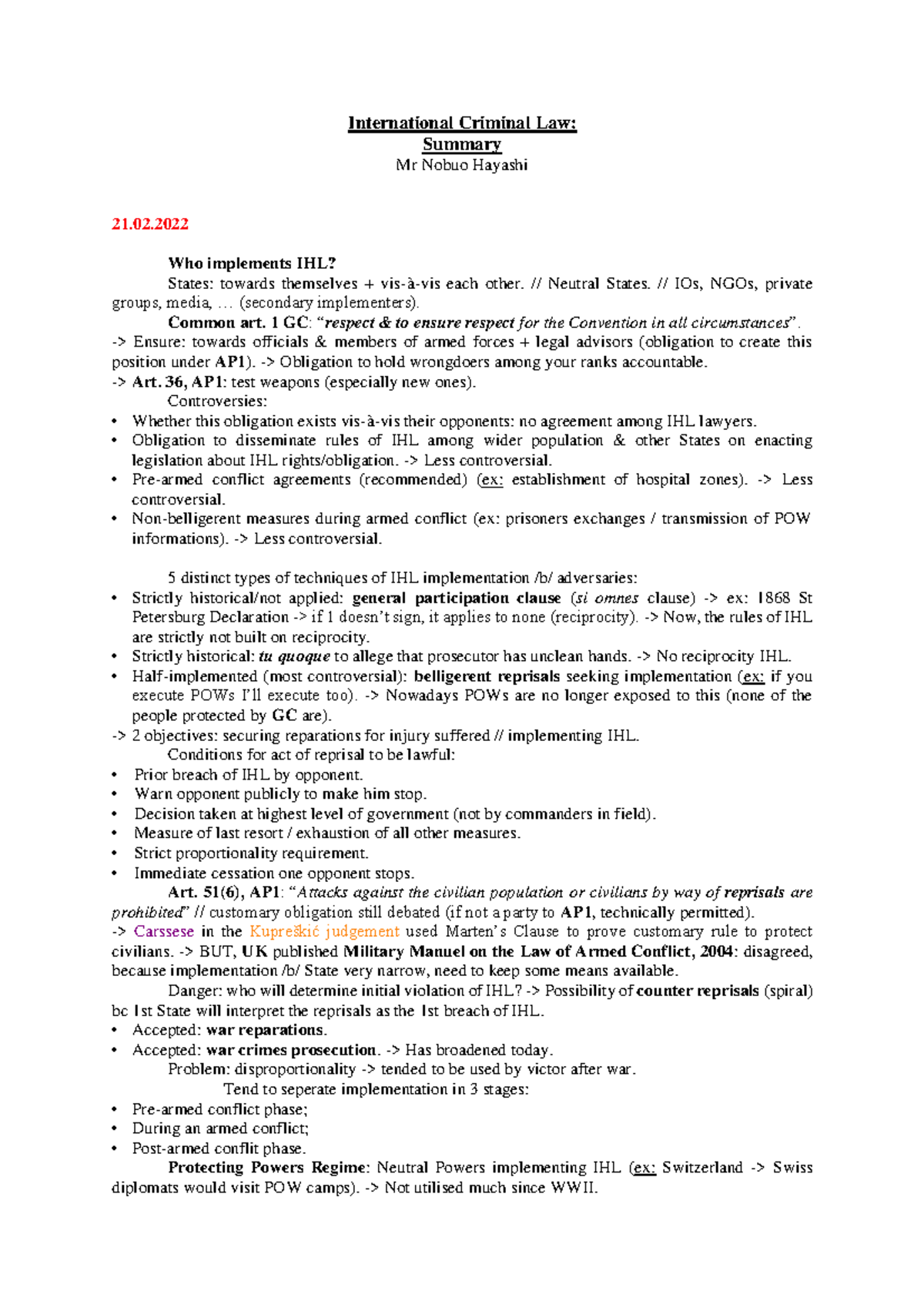 ICL and IHL Notes Summary - International Criminal Law: Summary Mr ...