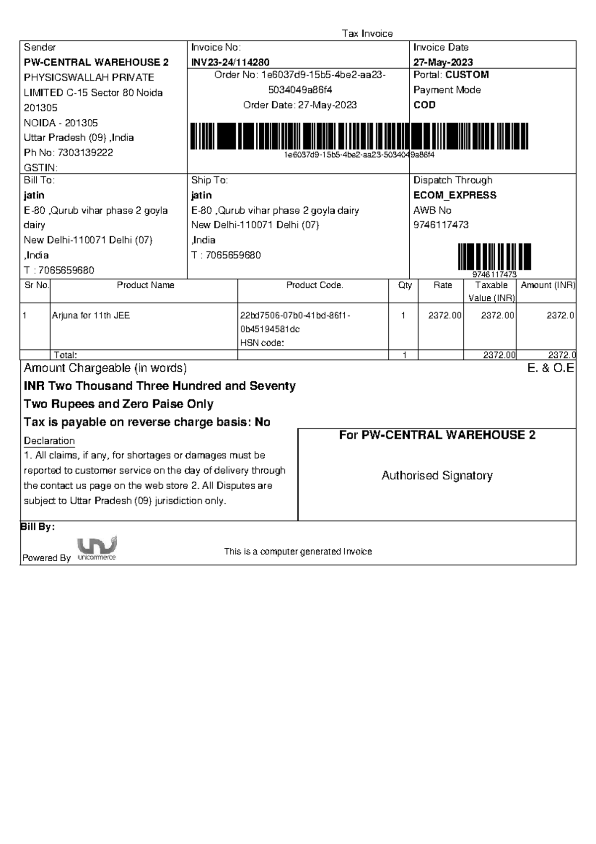 Invoice - nice notes - Tax Invoice Sender PW-CENTRAL WAREHOUSE 2 ...