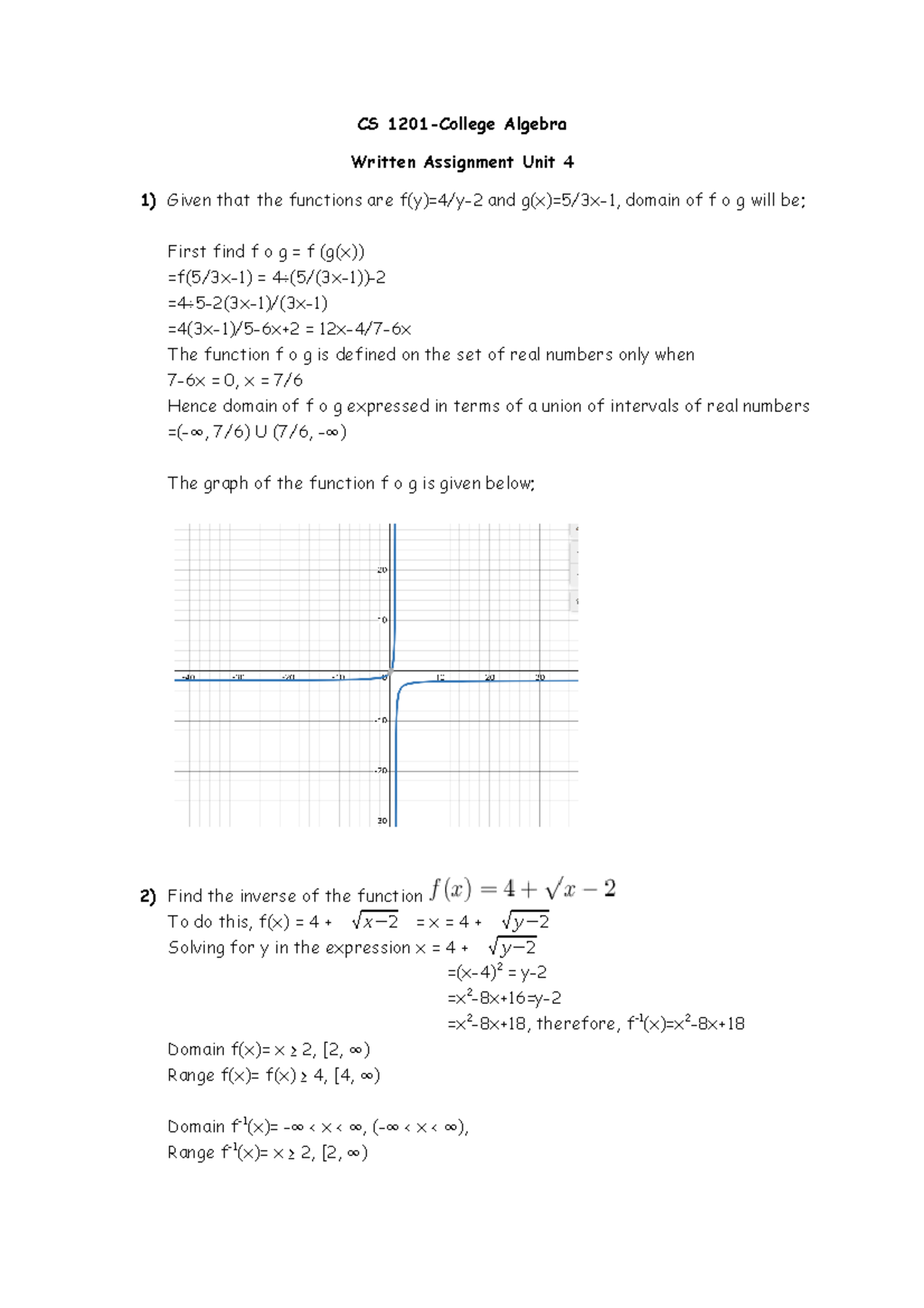 Written Assignments Unit 4 - CS 1201-College Algebra Written Assignment ...