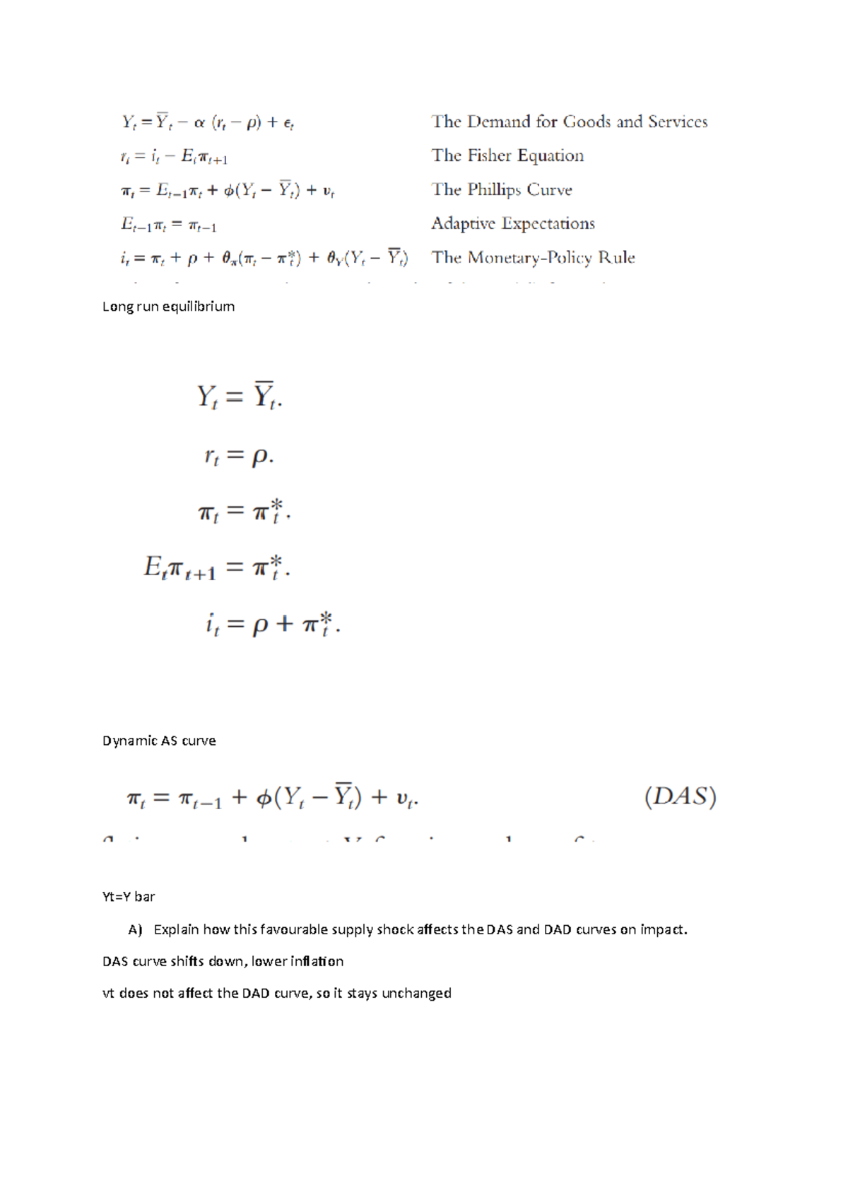 Formulas - Long run equilibrium Dynamic AS curve Yt=Y bar A) Explain ...