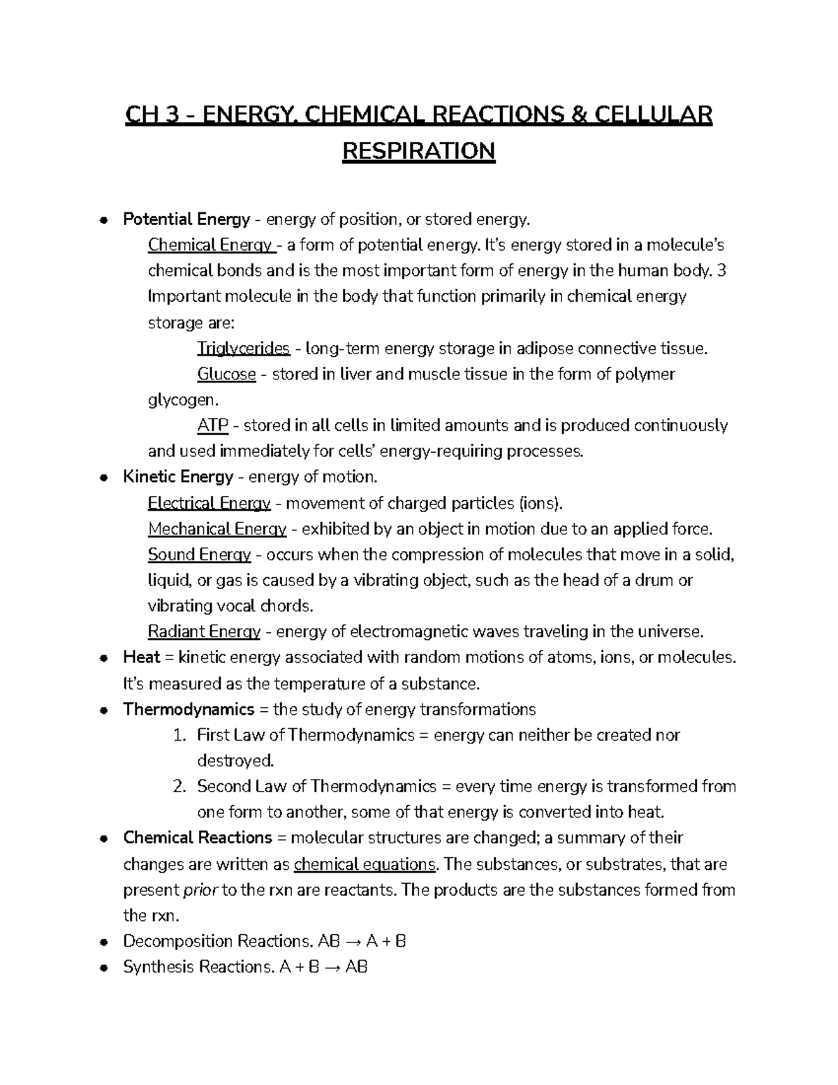 CH 3 - Energy, Chemical Reactions & Cellular Respiration - CH 3 ...