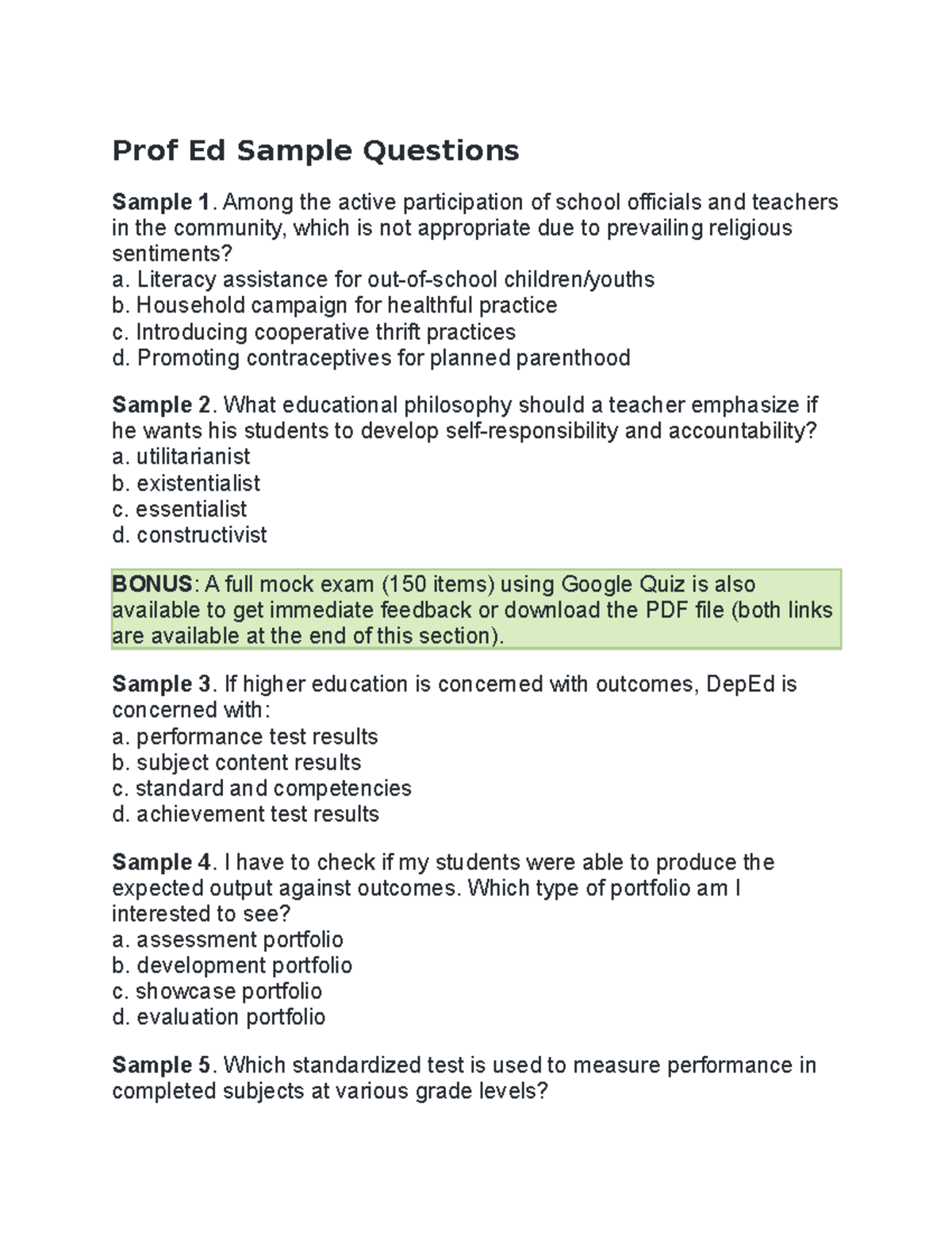 Prof Ed Sample Questions - Prof Ed Sample Questions Sample 1. Among the ...