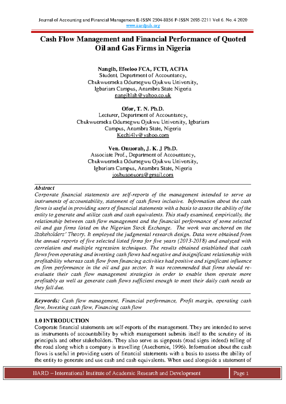 Cash Flow Management and Financial Perfo - iiardpub Cash Flow ...