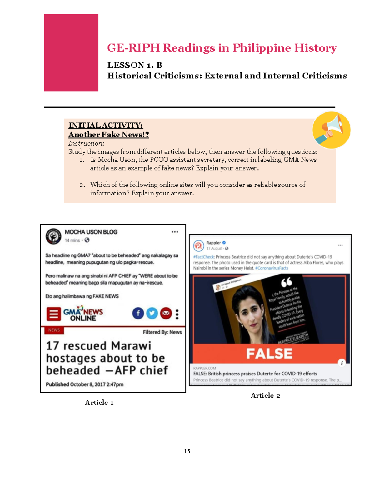 Lesson 1 - Module - Lesson 1.A GE-RIPH Readings in Philippine History ...