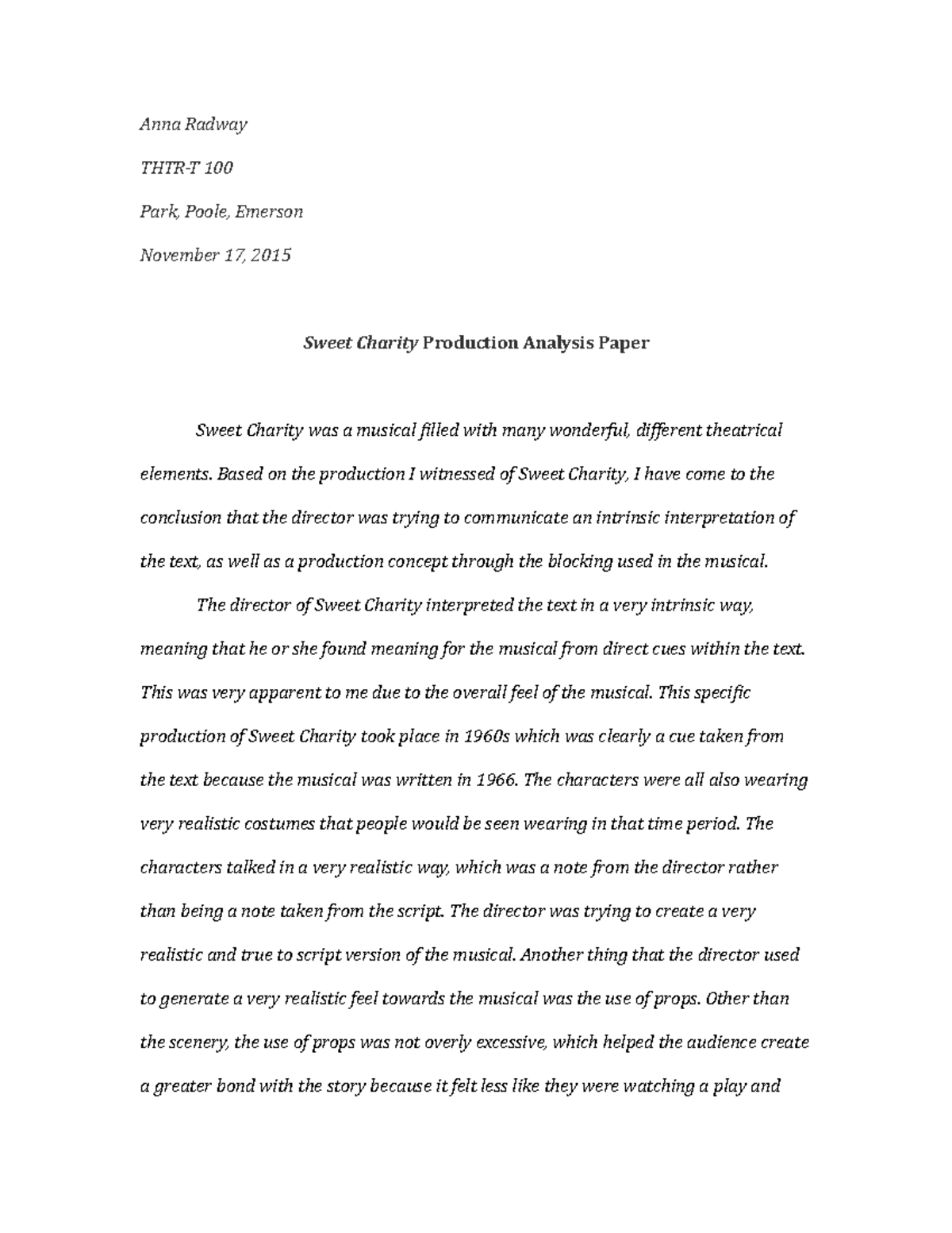 Essay "Sweet Charity Production Analysis" - Grade A - Anna Radway 100 ...