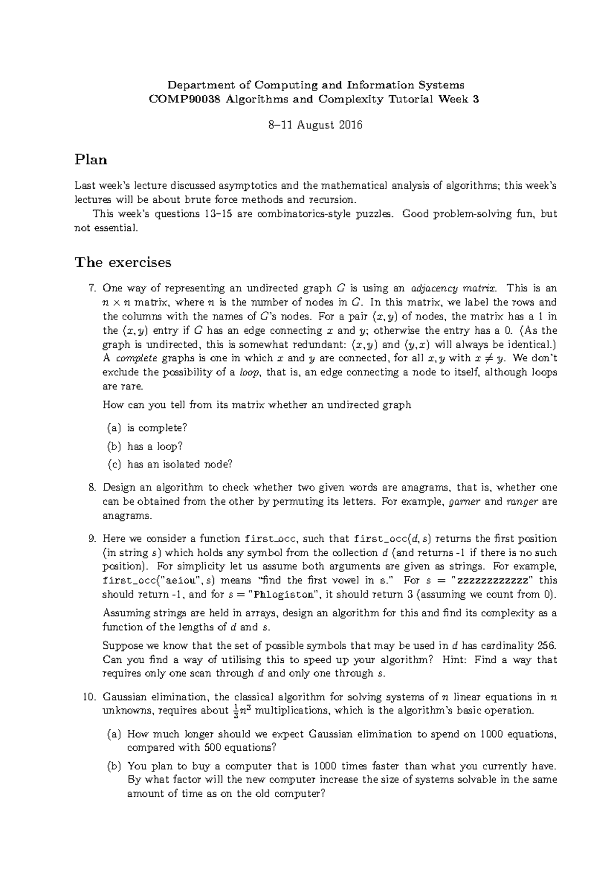 Tutorial Work 2 Algorithms And Complexity Comp90038 Samplepractice Exam 2016 Mid Test
