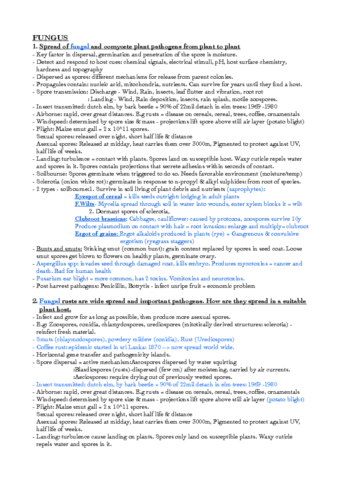 Revision Notes: Fungus: Introductory Plant Pathology - FUNGUS 1. Spread ...