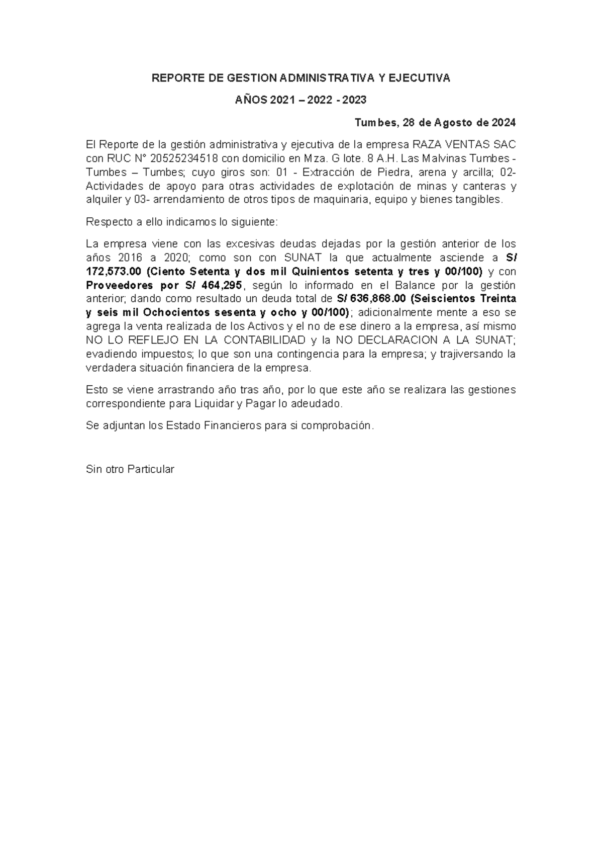 Reporte DE Gestion Administrativa Y Ejecutiva - REPORTE DE GESTION ...