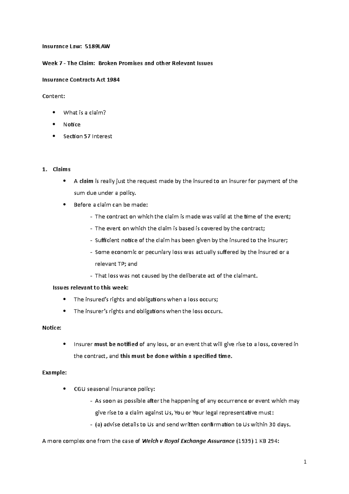Insurance Law Exam Summary Notes Week 7 - Insurance Law: 5189LAW Week 7 ...