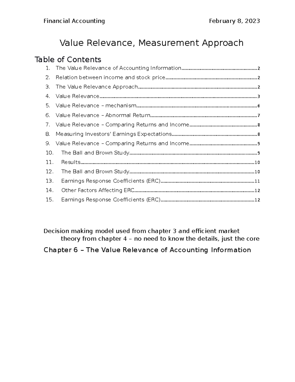 Lecture Notes - Value Relevance, Measurement Approach - Value Relevance ...