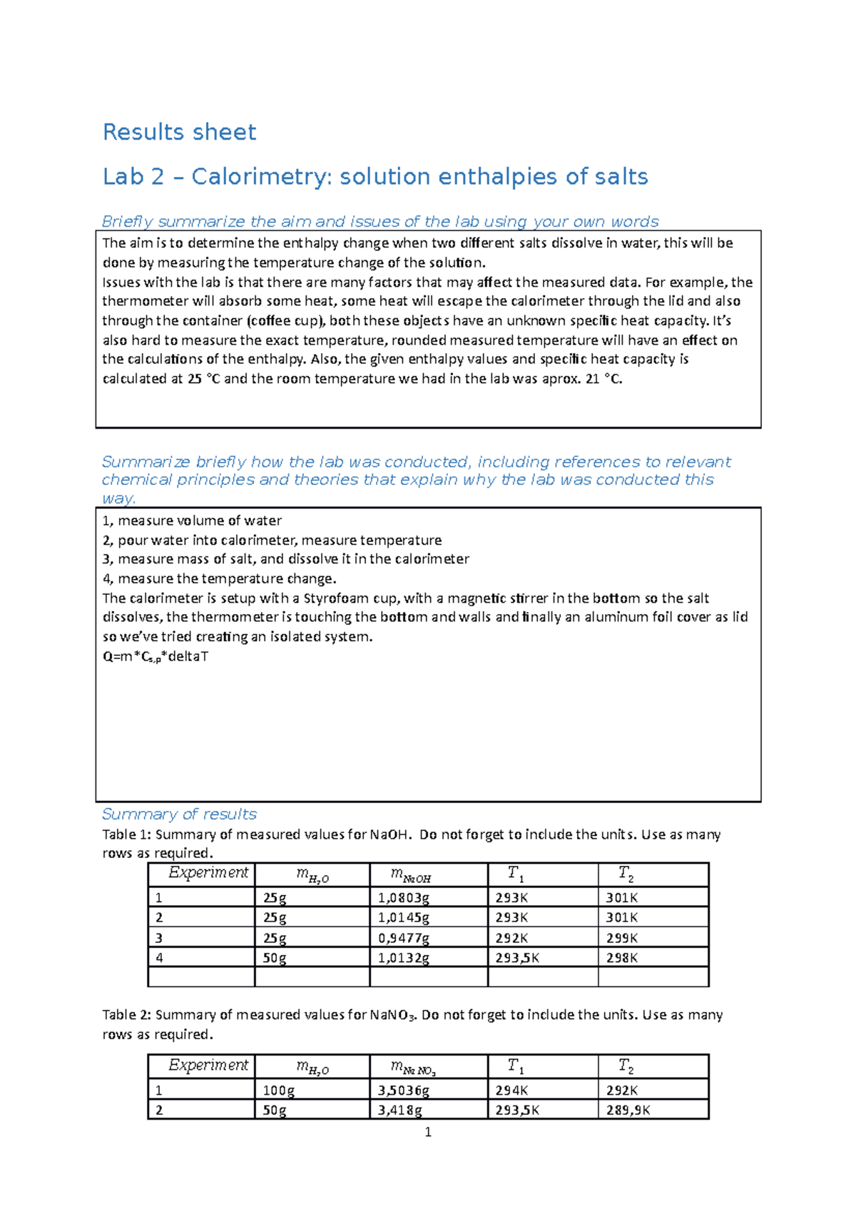 Result sheet-Lab2 Calorimetry - Results sheet Lab 2 – Calorimetry ...