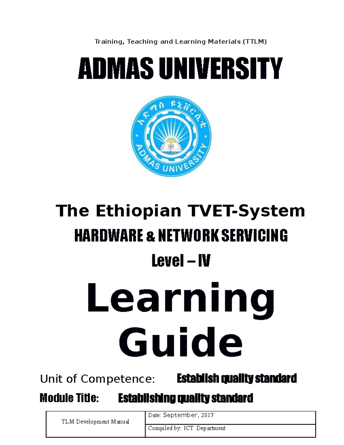 Estabilish quality standard - Training, Teaching and Learning Materials (TTLM) ADMAS UNIVERSITY ...