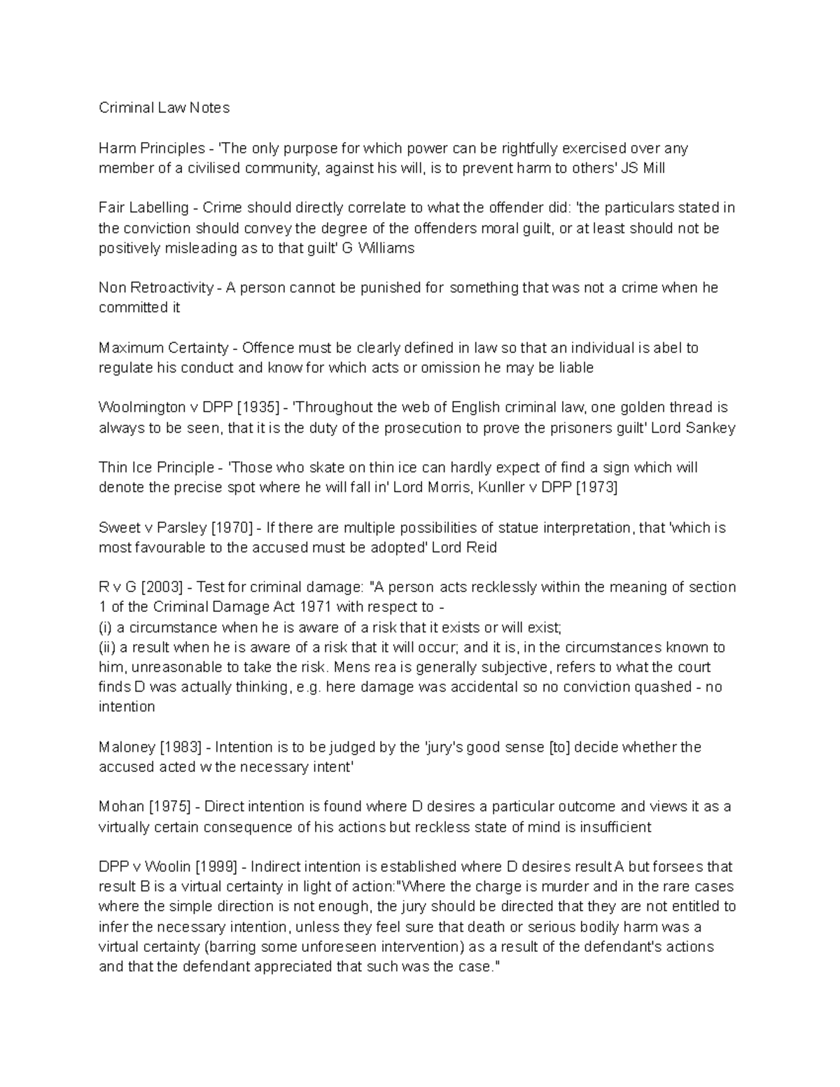 Criminal Law Notes - Criminal Law Notes Harm Principles - 'The only ...