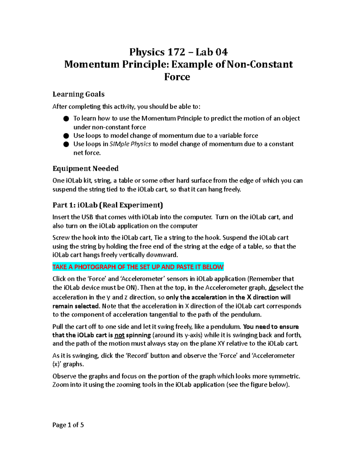 PHYS172D Lab04 Final - Physics 172 – Lab 04 Momentum Principle: Example ...