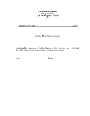 FIN 320 Practice Problems 2022 - Bus 320: Chordia Practice Problems: II ...