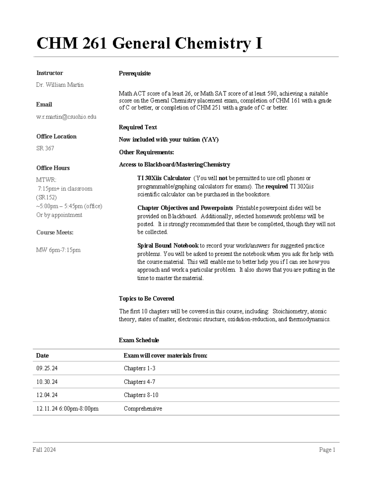 CHM 261 - ok then - CHM 261 General Chemistry I Prerequisite Math ACT ...